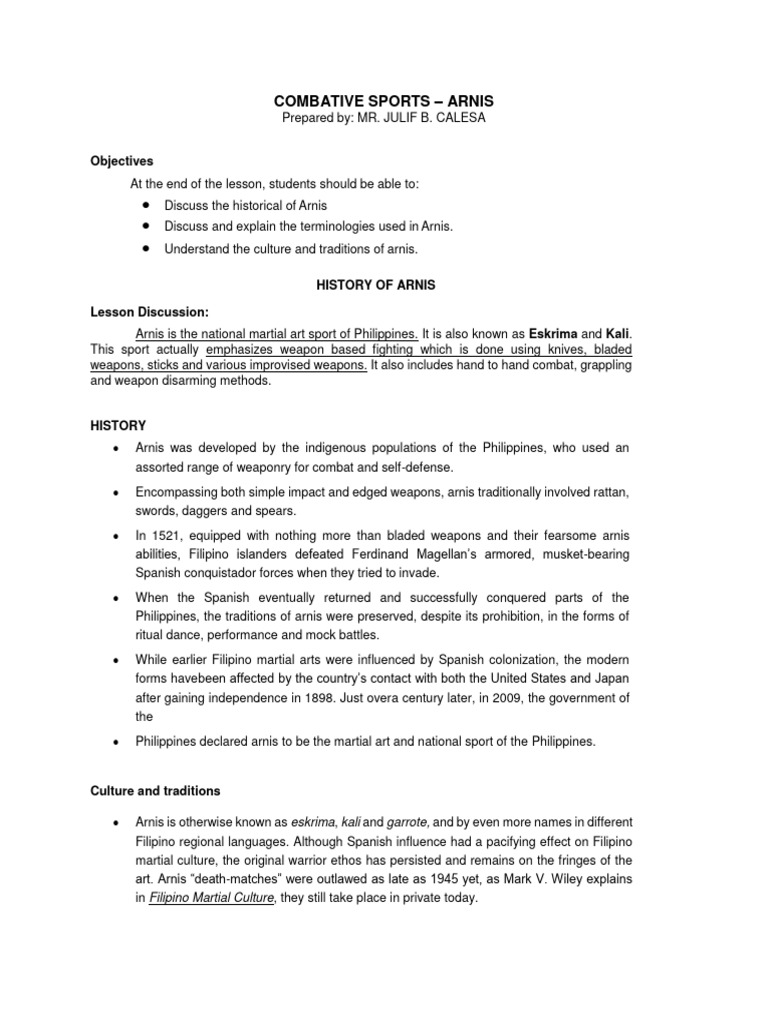 ARNIS History and Fundamentals | PDF | Melee Weapons | Combat