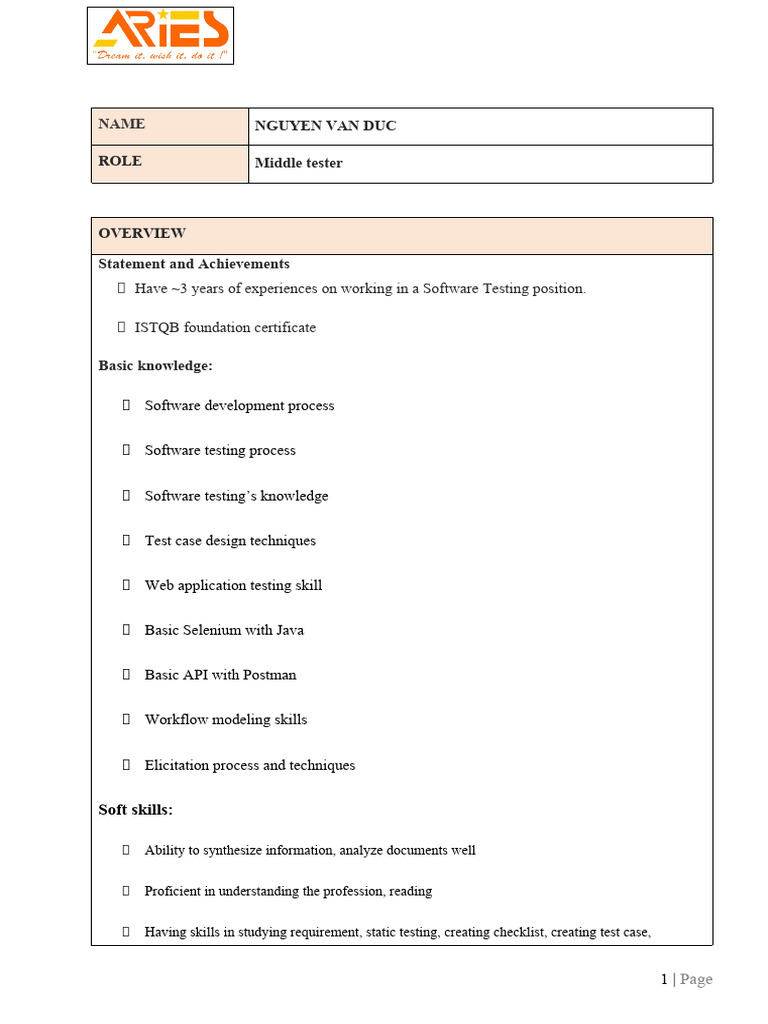 Nguyen Van Duc - Middle Tester Profile | PDF | Software Testing | Software