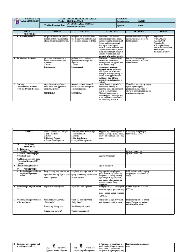 Mapeh 5 q1 Week 7 DLL | PDF