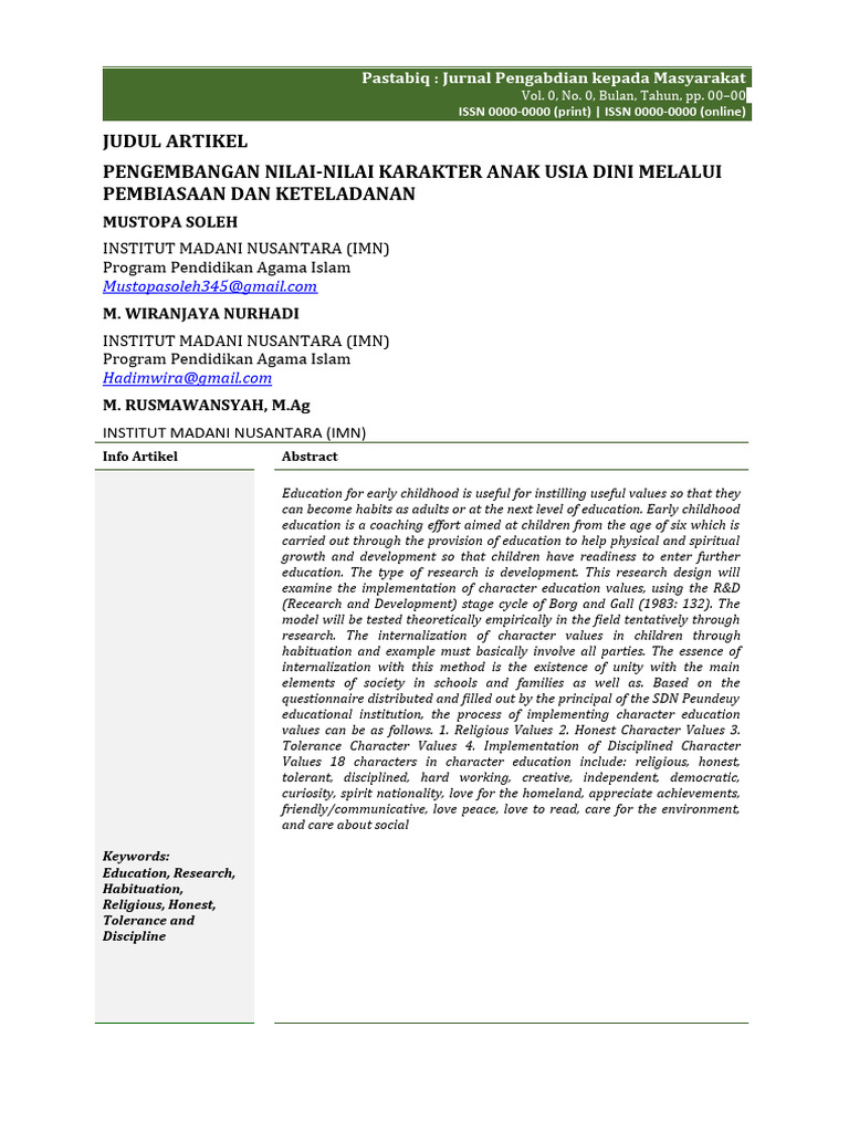 Pengembangan Nilai-Nilai Karakter Anak Usia Dini Melalui Pembiasaan Dan Keteladanan | PDF ...