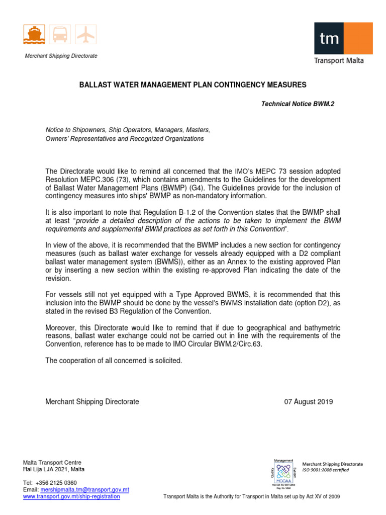 Technical Notice BWM.2 Ballast Water Management Plan Contingency ...