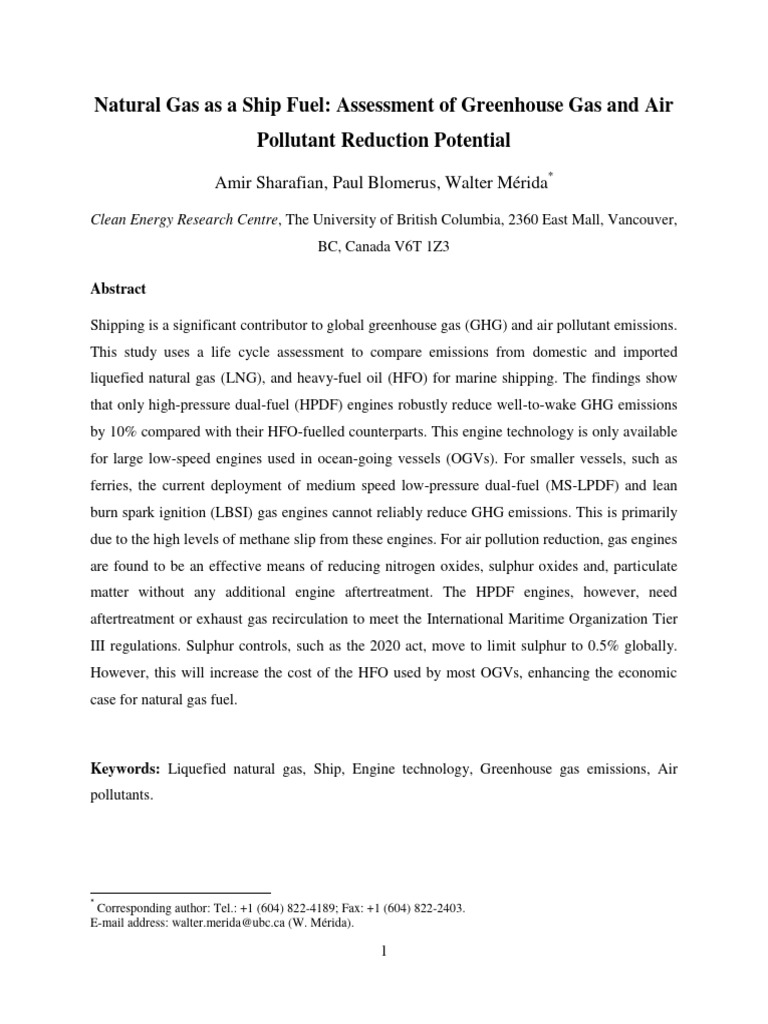 Technical Report 2 Natural Gas As A Ship Fuel Assessment of Greenhouse ...