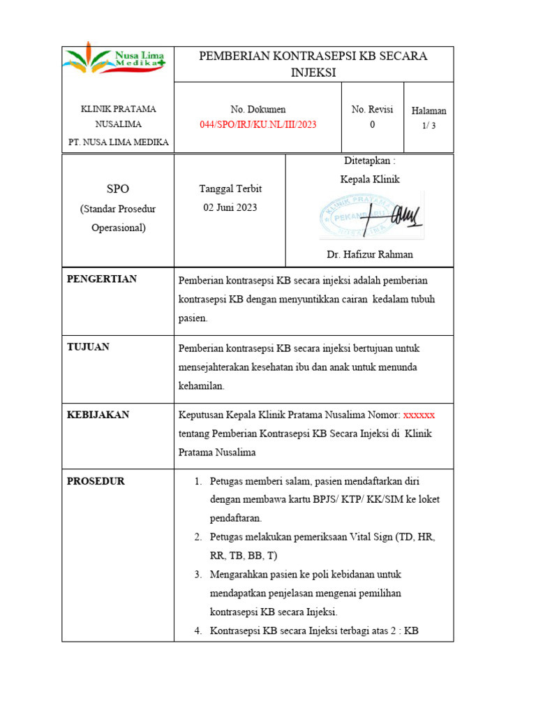 Pemberian Kontrasepsi KB Secara Injeksi | PDF