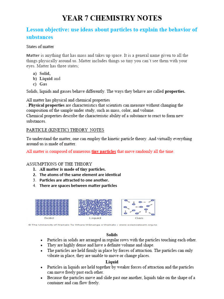 Year 7 Chem Notes Lesson 1 | PDF