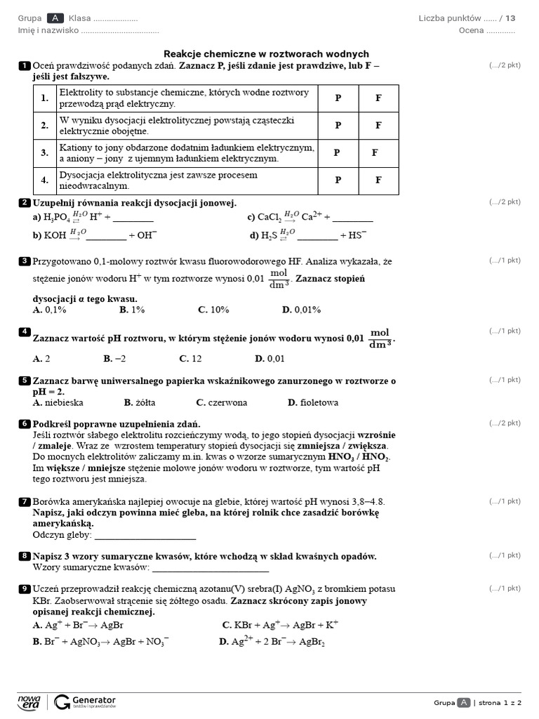 Reakcje Chemiczne W Roztworach Wodnych Test | PDF