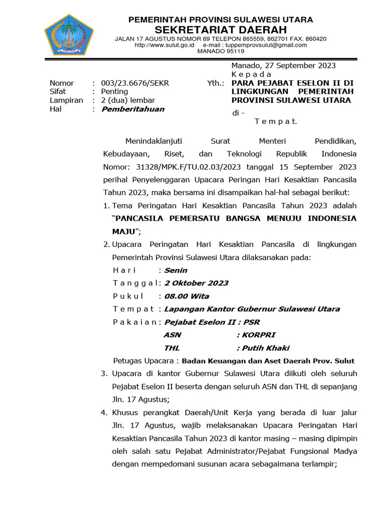 Pemberitahuan Peringatan Hari Kesaktian Pancasila TTD Cap | PDF