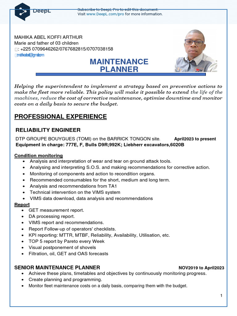 CV Arthur Mahika Maintenance Planner en | PDF | Reliability Engineering | Engineering