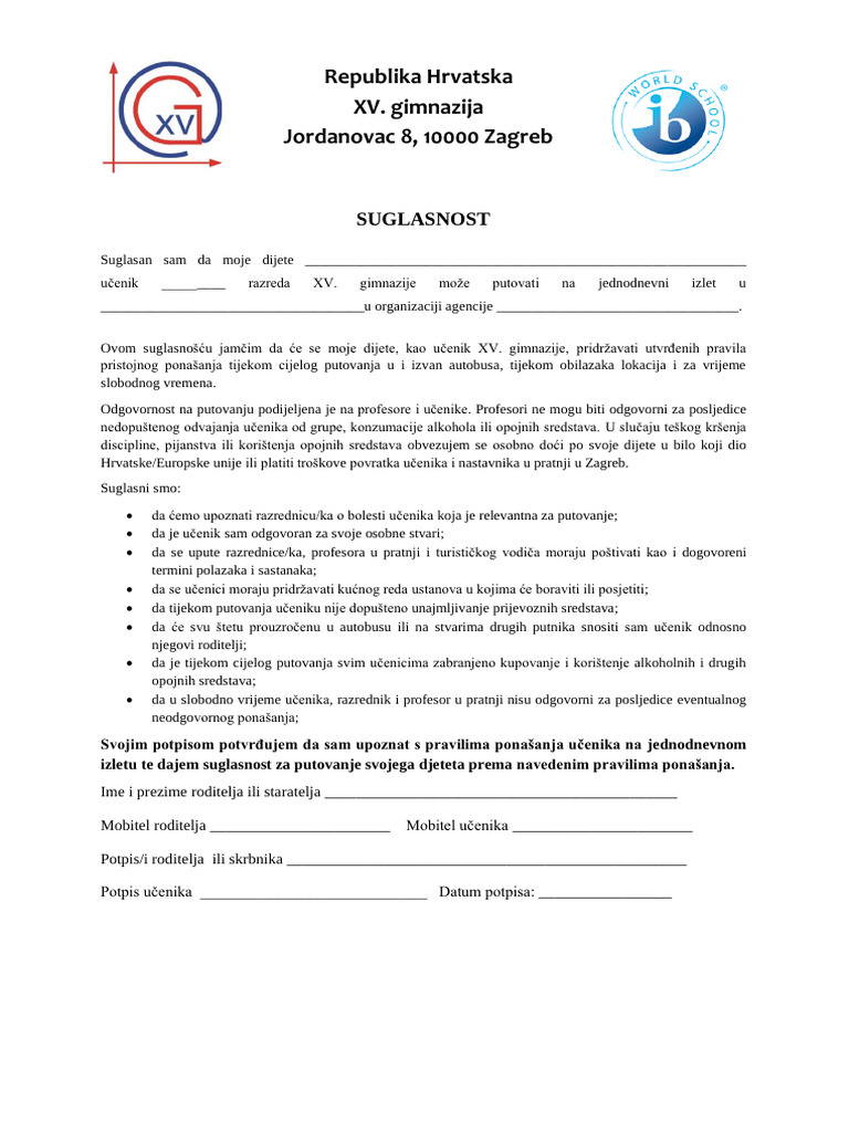 Suglasnost Za Jednodnevni Izlet 13.10.23. | PDF