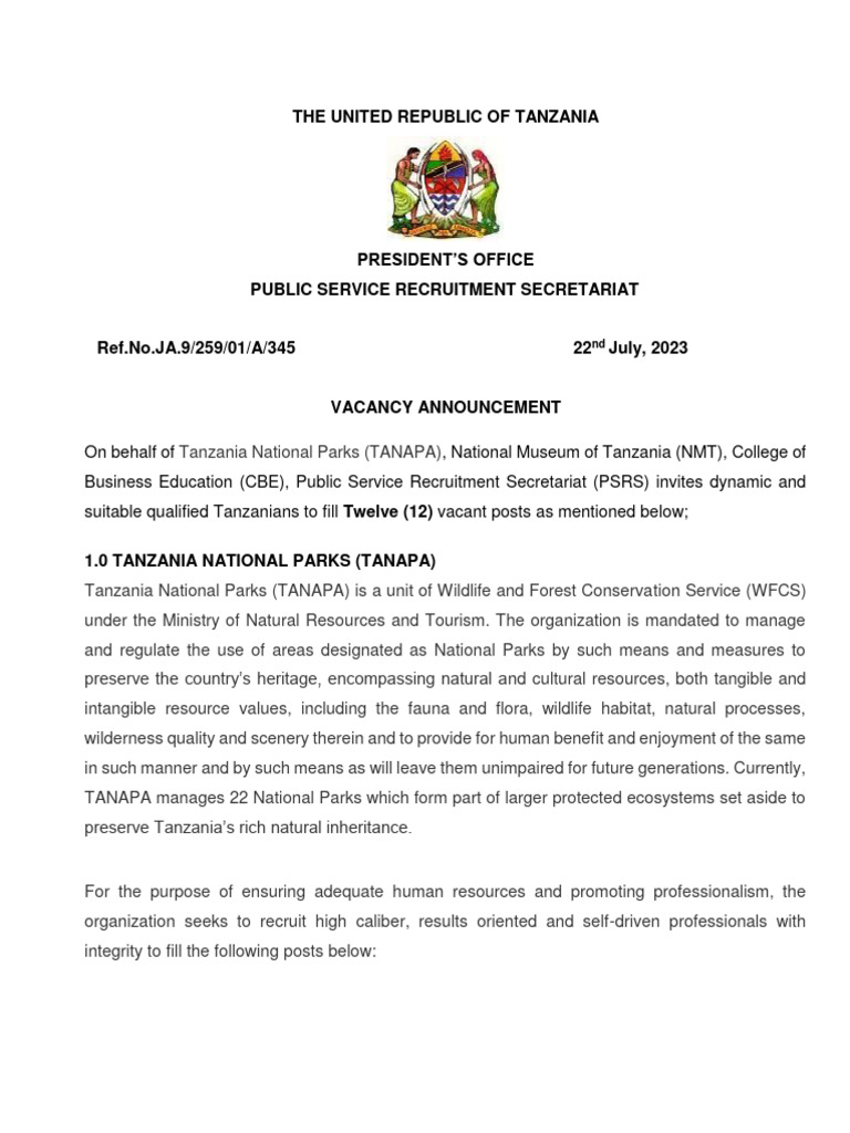 230722194115tangazo La Nafasi Za Kazi Cbe, Nmt&tanapa | PDF | Diploma | Academic Degree