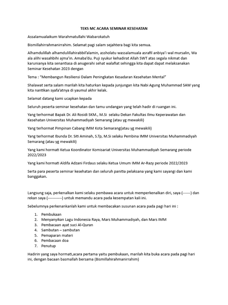 Teks MC Acara Seminar Kesehatan | PDF