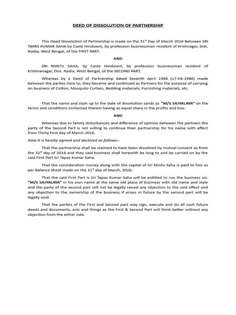 Deed of Dissolution of Partnership | PDF | Deed | Common Law