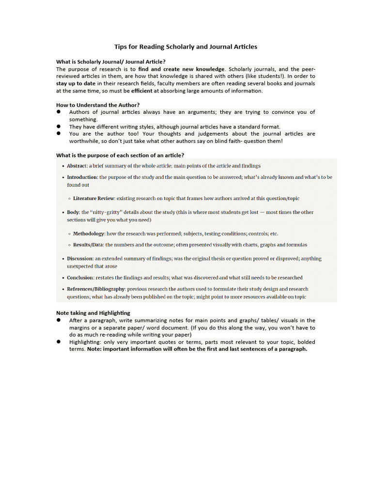 Tips For Reading Scholarly and Journal Articles | PDF