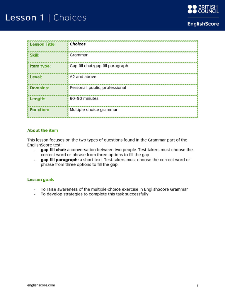 EnglishScore Core Skills - Lesson 1 - grammar (1) | PDF | Multiple Choice