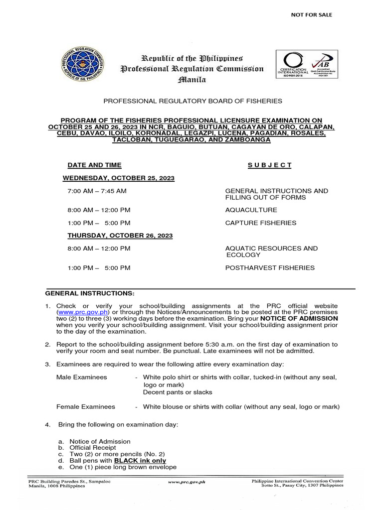 Exam Program Oct 2023 Fle (Fisheries) - With PRC Logo | PDF | Calculator