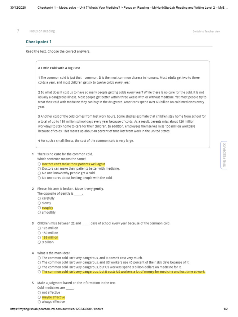 Unit 7 Reading One Comprehension | PDF | Common Cold | Public Services