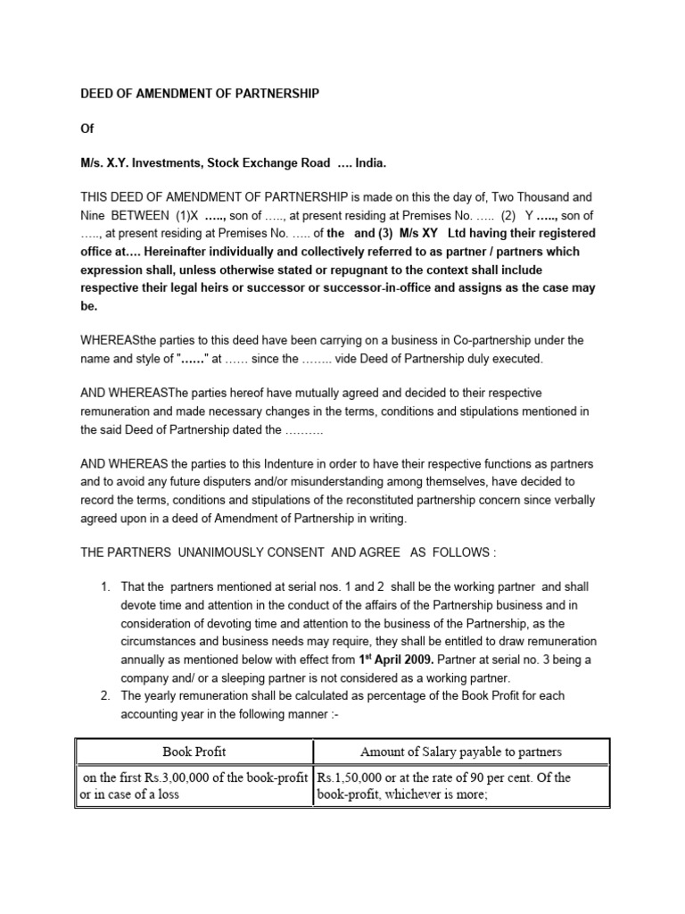 Deed of Amendment of Partnership | PDF | Partnership | Salary