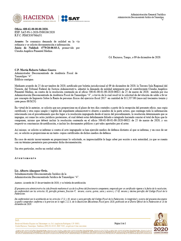 Comunicado Demanda A Auditoria 186-20 | PDF