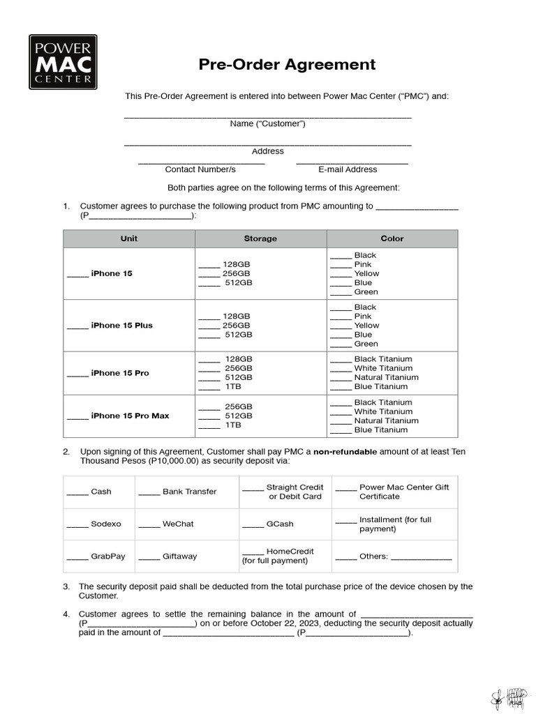 Iphone 15 Pre-Order Agreement Form - RBT | PDF