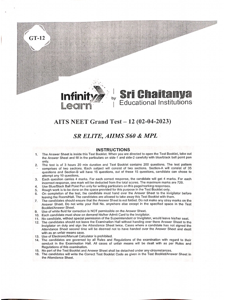 SR Elite GT - 12 Question Paper and Key | PDF