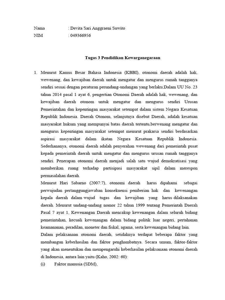 Devita Sari Anggraeni Suwito - 049366956 - Tugas 3 Pendidikan Kewarganeraan | PDF