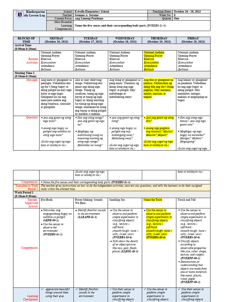 Cot W8 Kindergarten DLL MELC Q1 | PDF