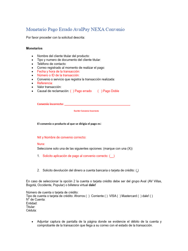 Reclamación Pago Errado AvalPay NEXA | PDF