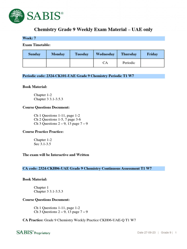 2324 Grade 9 UAE Chemistry Exam Related Materials T1 Wk7 | PDF ...