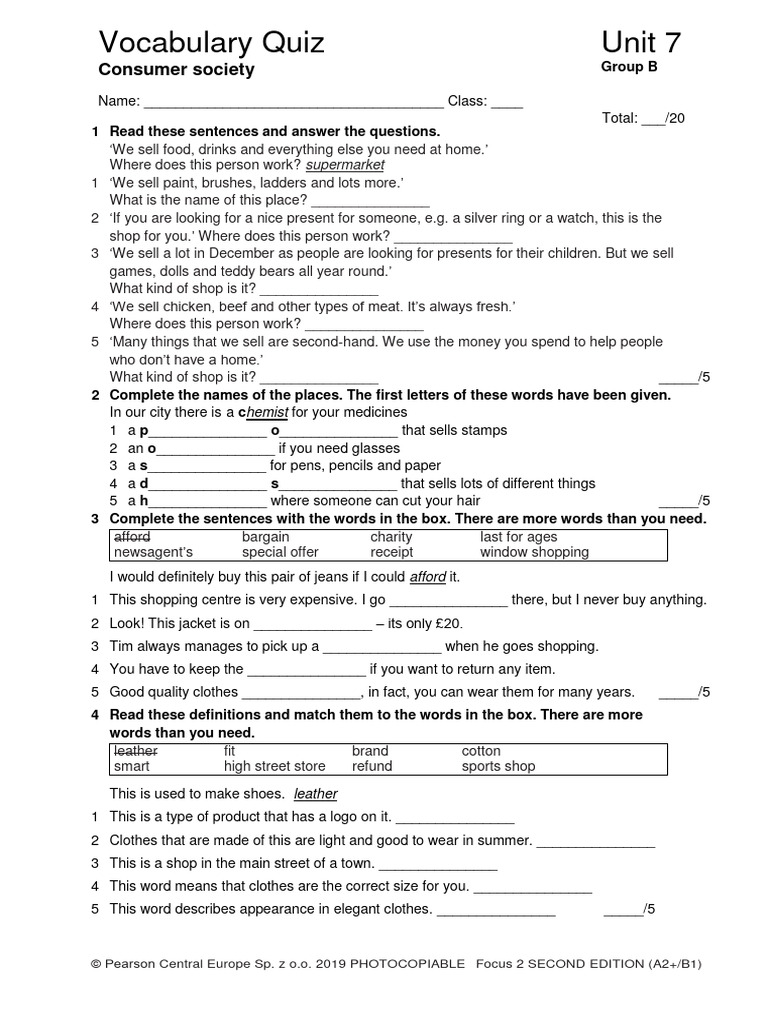 Focus 2 2ed Vocabulary Quiz Unit7 GroupB | PDF
