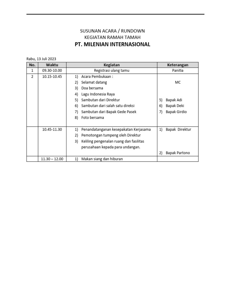 Susunan Acara - Rundown Milenial | PDF