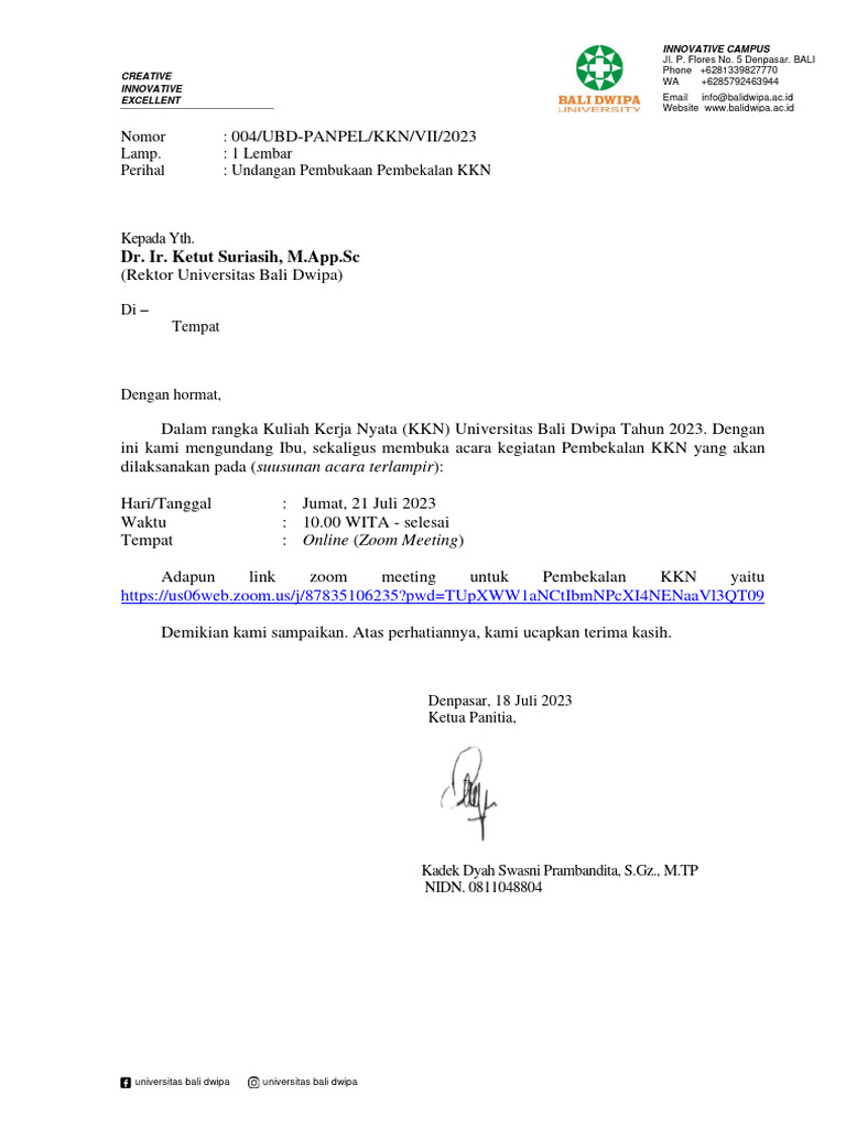 Undangan Pembukaan Pembekalan KKN (Bu Rektor) | PDF