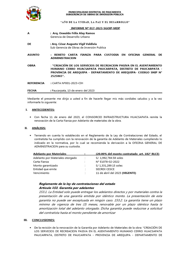 Informe 017 - Renovacion Fianza Por Adelanto Materiales | PDF