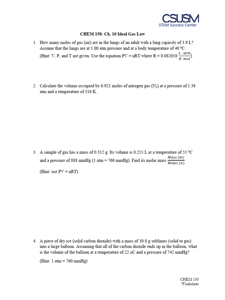 Chem150 Ideal Gas Laws | PDF