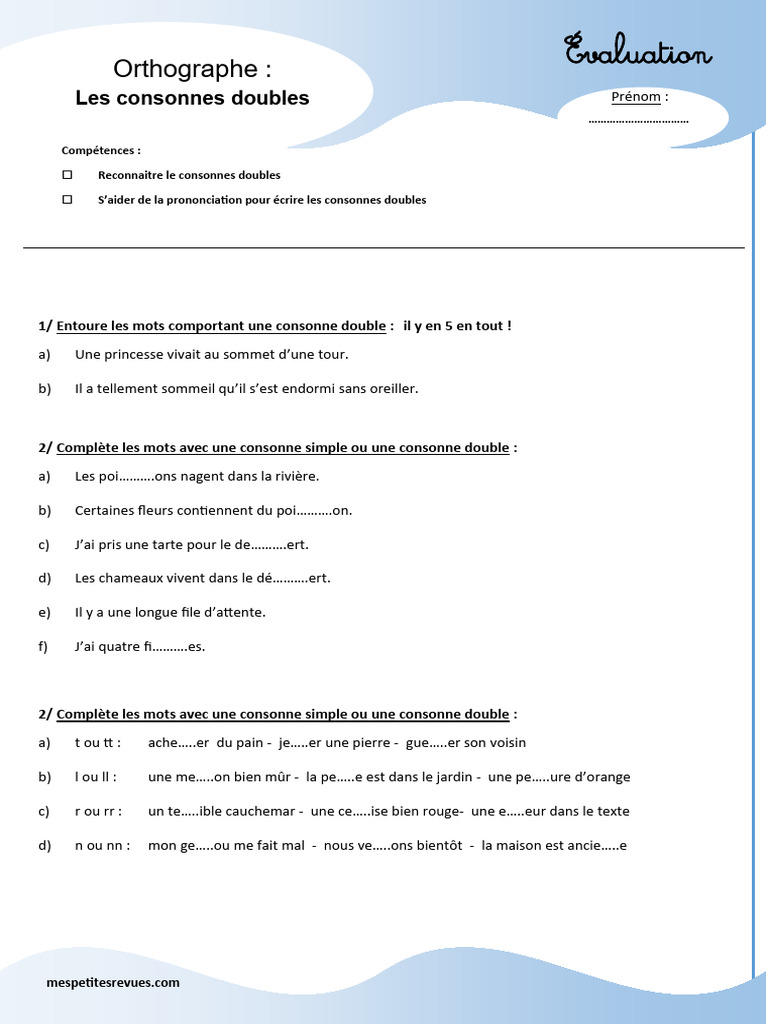 Blog Evaluation Orthographe Consonnes Doubles | PDF