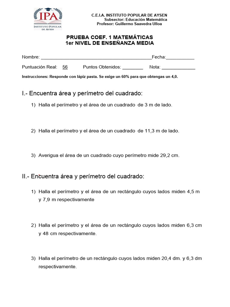 Prueba Area y Perimetro 1er Nivel | PDF