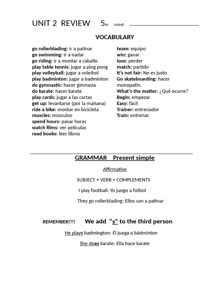 UNIT 2 REVIEW 5th | PDF