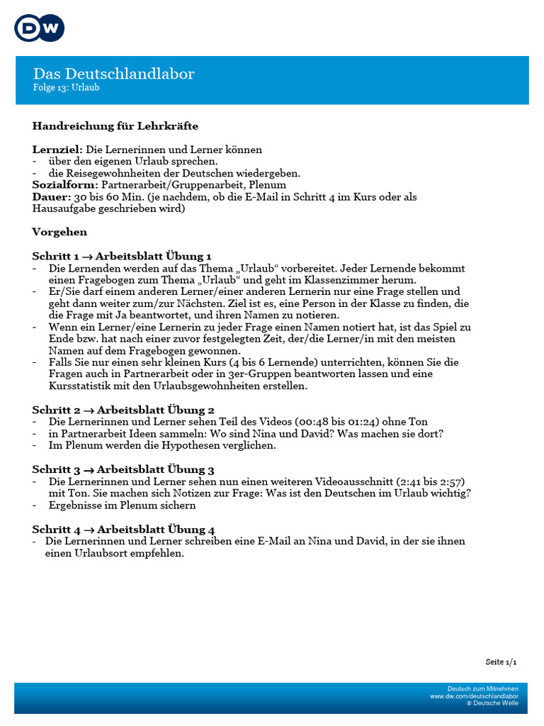 Deutschlandlabor Folge13 Urlaub Handreichung Lehrkr Fte | PDF