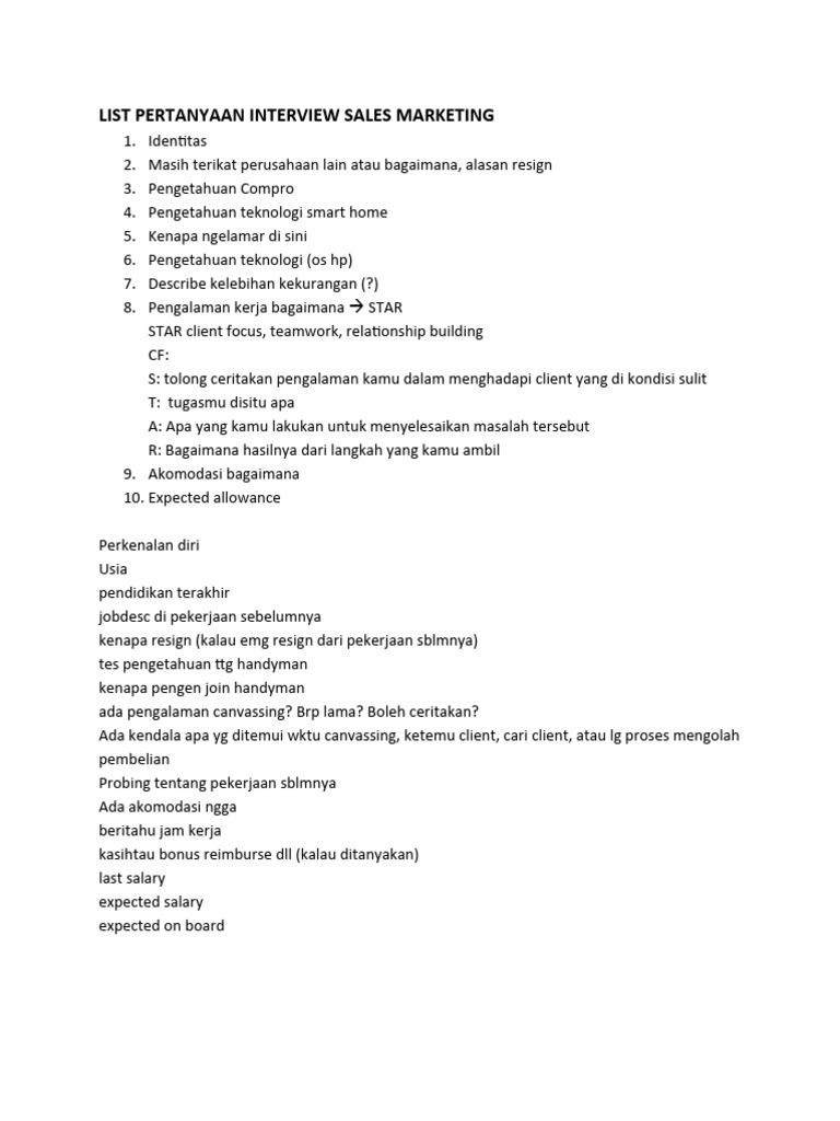 Pertanyaan Wawancara Sales Marketing | PDF