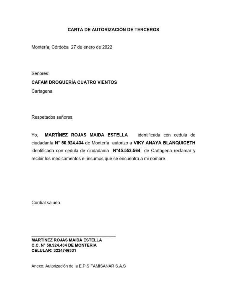Carta de Autorización de Terceros | PDF