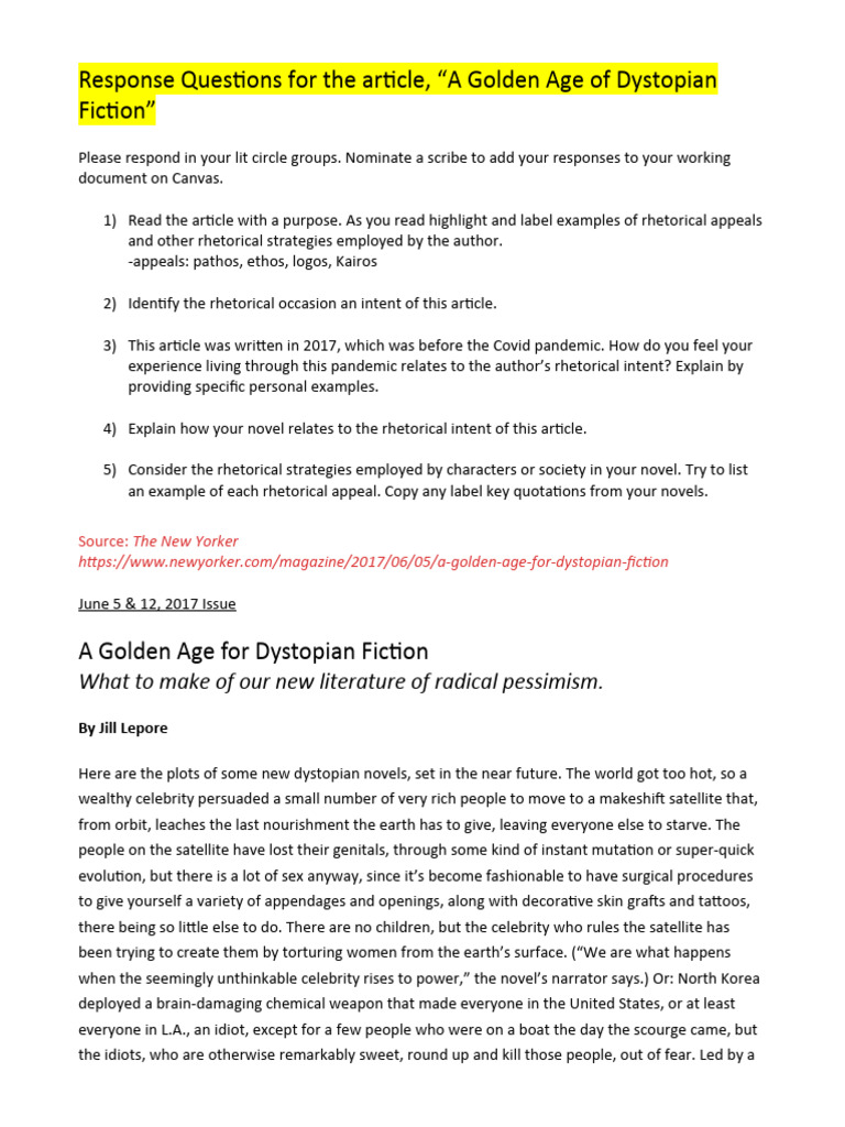 New Yorker - Dystopian Article & Lit Circle Q's | PDF | Dystopia ...