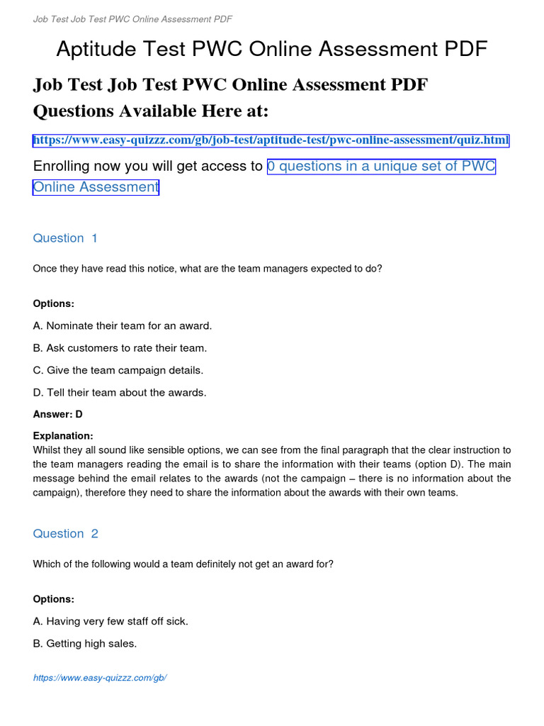 PWC Online Assessment Sample Questions | PDF | Career & Growth | Business