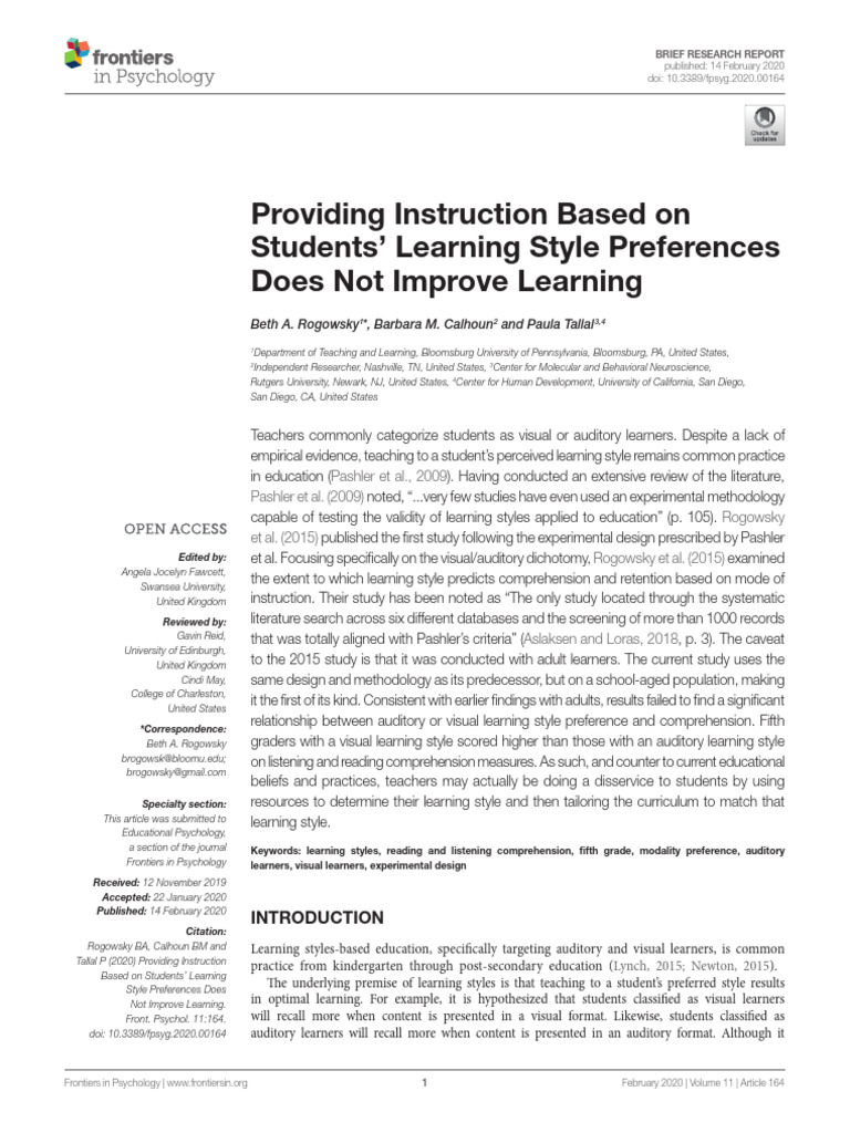 Providing Instruction Based On Students' Learning Style Preferences Does Not Improve Learning | PDF