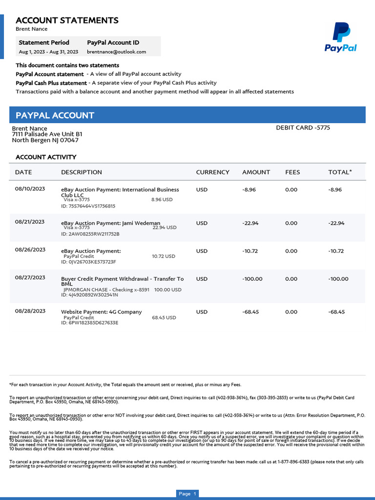 Paypal Statement Aug 2023 PDF | PDF