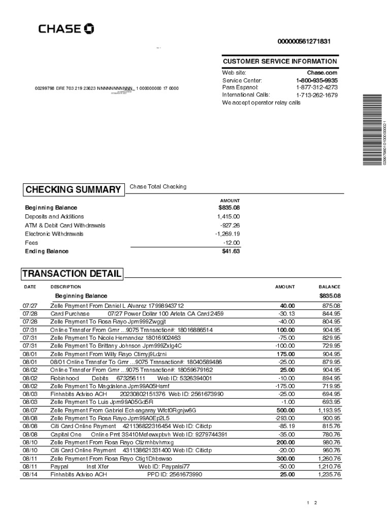 Chase Bank Statement Summary 2023 | PDF
