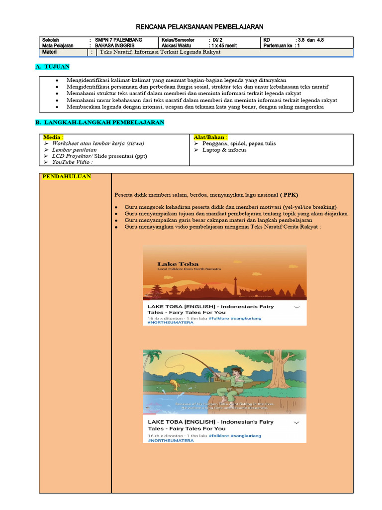 RPP in English Lesson Plan - Narrative Text | PDF