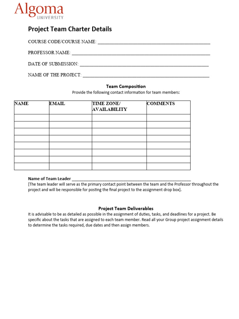PMAL105 Project Team Charter Template | PDF