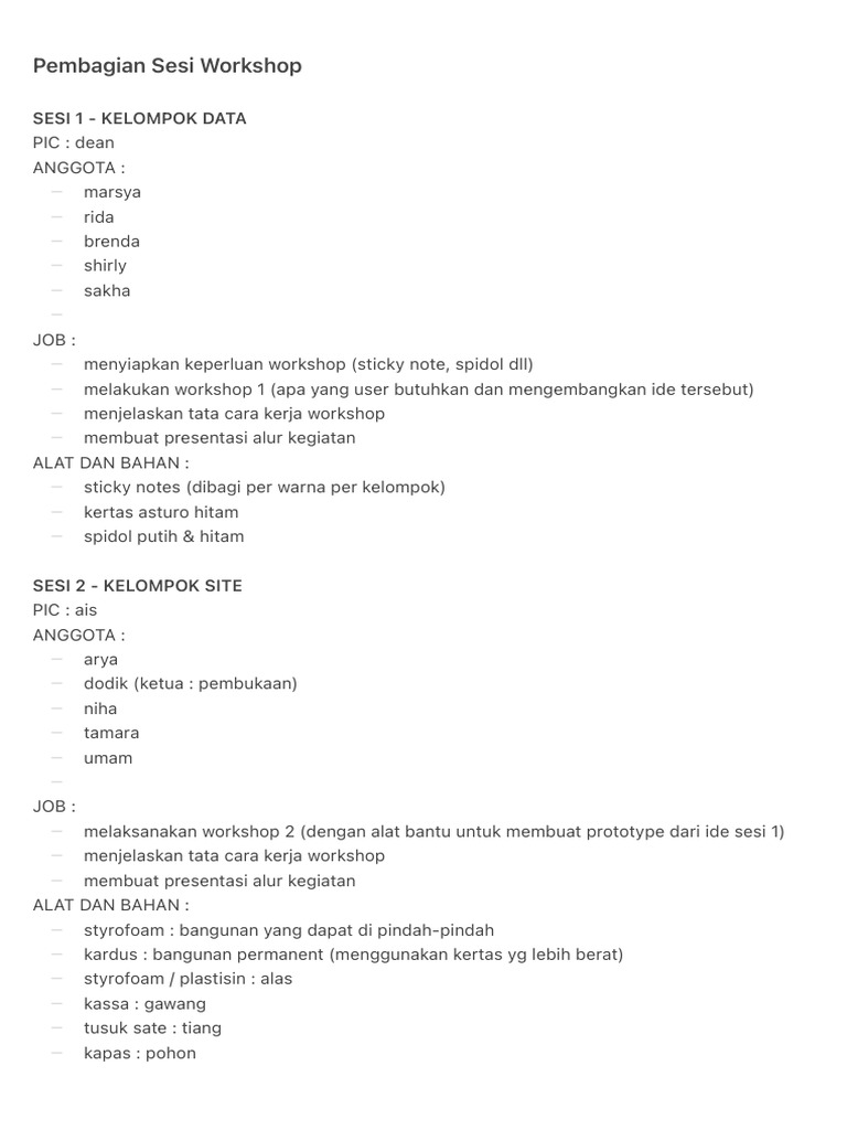 Pembagian Sesi Workshop | PDF | Griya & Taman