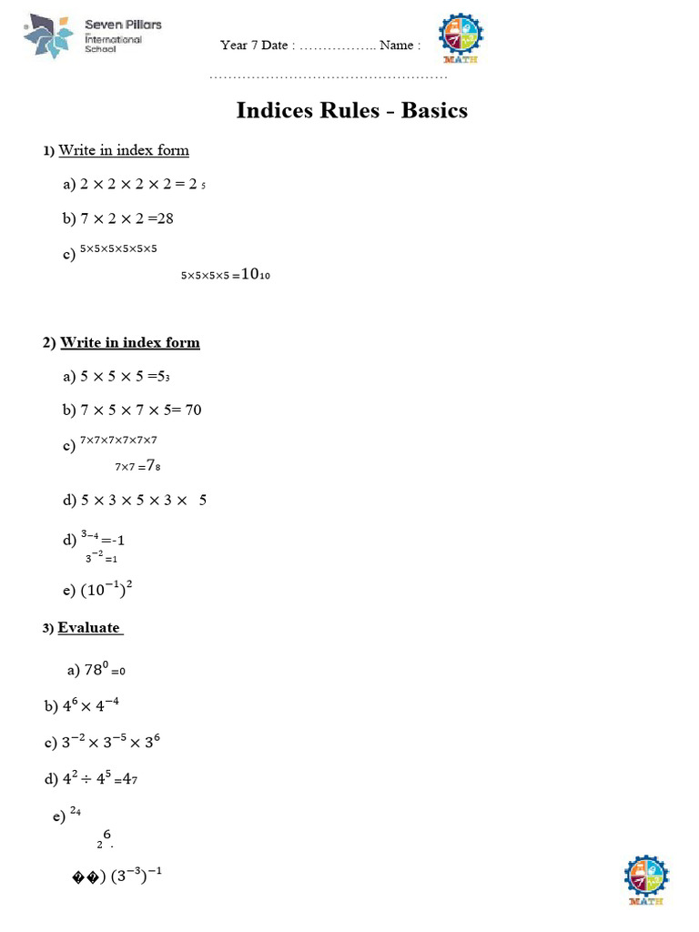 Indices Rules - Homework | PDF | Mathematics | Arithmetic