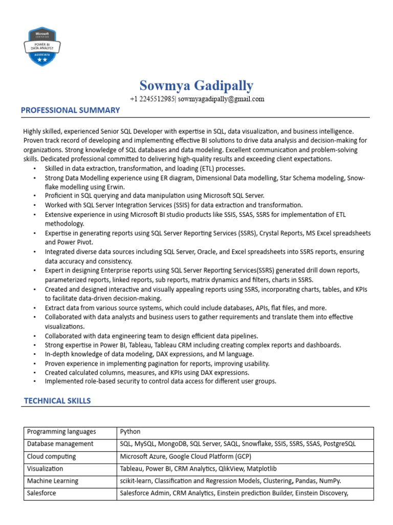 Sowmya Gadipally Resume SSIS-SSRS Developer | PDF | Microsoft Sql Server | Databases