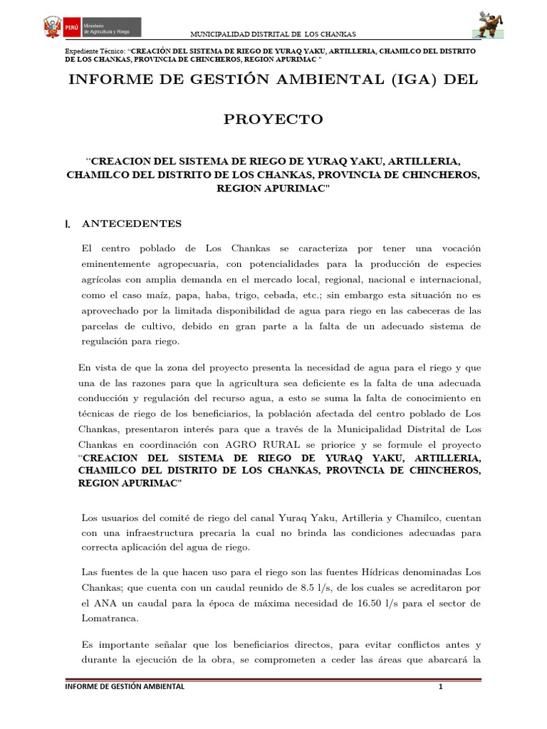 Informe de Gestión Ambiental (Iga) Del Proyecto: "Creacion Del Sistema de Riego de Yuraq Yaku ...