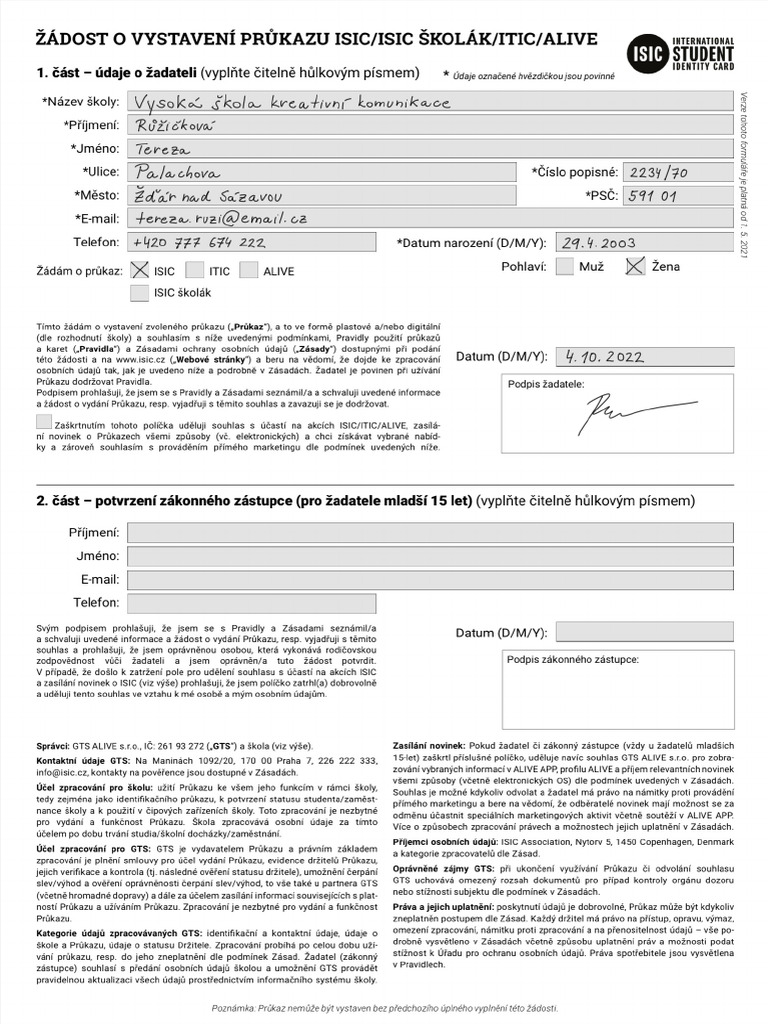 Žádost O Vystavení Karty ISIC | PDF